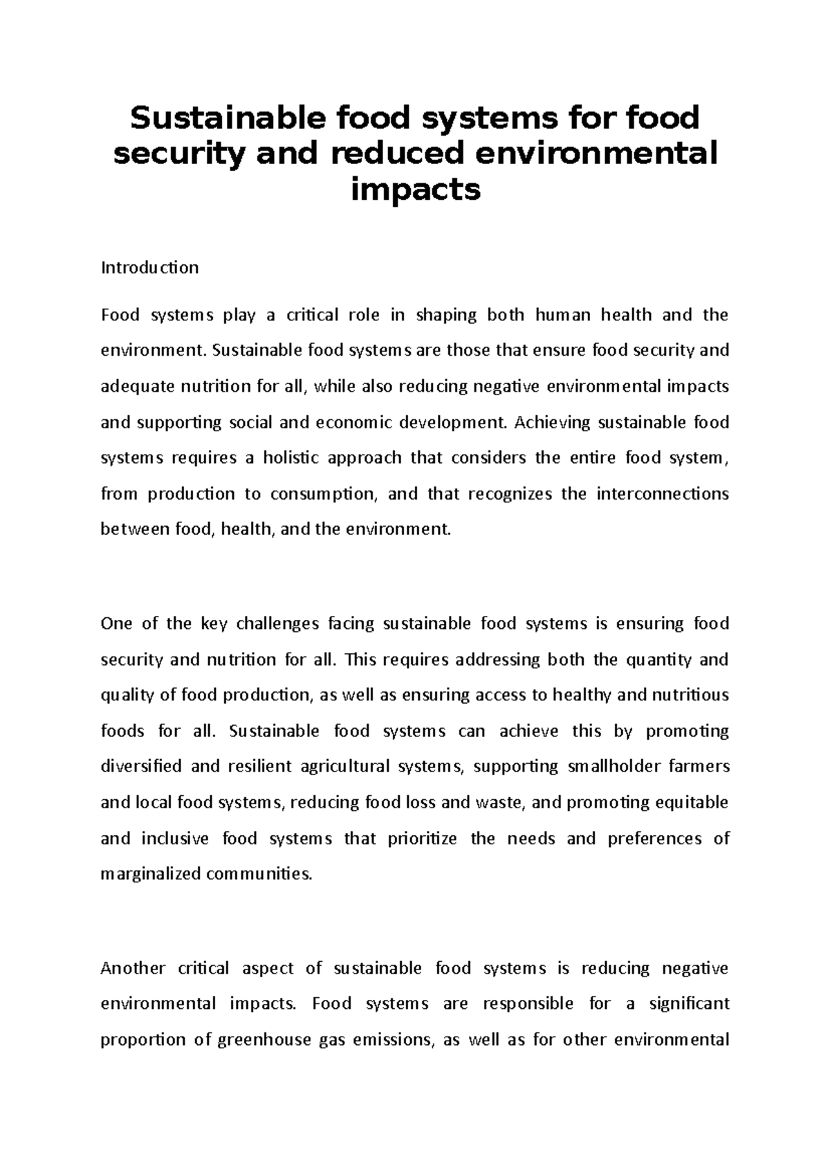 Sustainable food systems for food security and reduced environmental ...