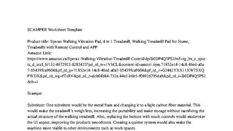 SCAMPER Worksheet - Product Innovation Notes for Sperax Treadmill - Studocu