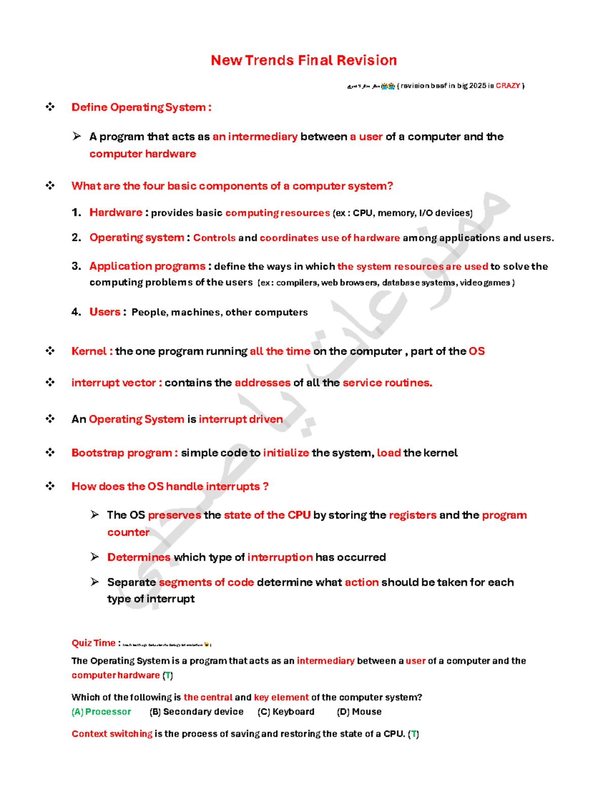 Operating Systems Final Revision (CS101) - Key Concepts & Quizzes - Studocu