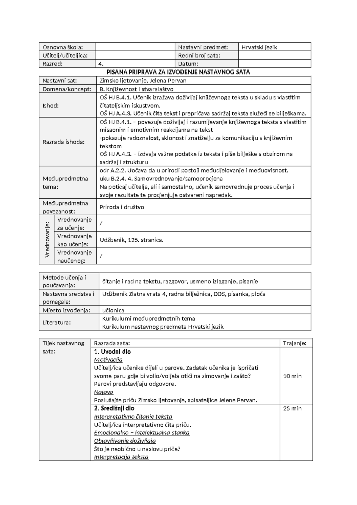 OŠ HJ: Pisana Priprema za Izvođenje Nastavnog Sata o Zimovanju - Studocu