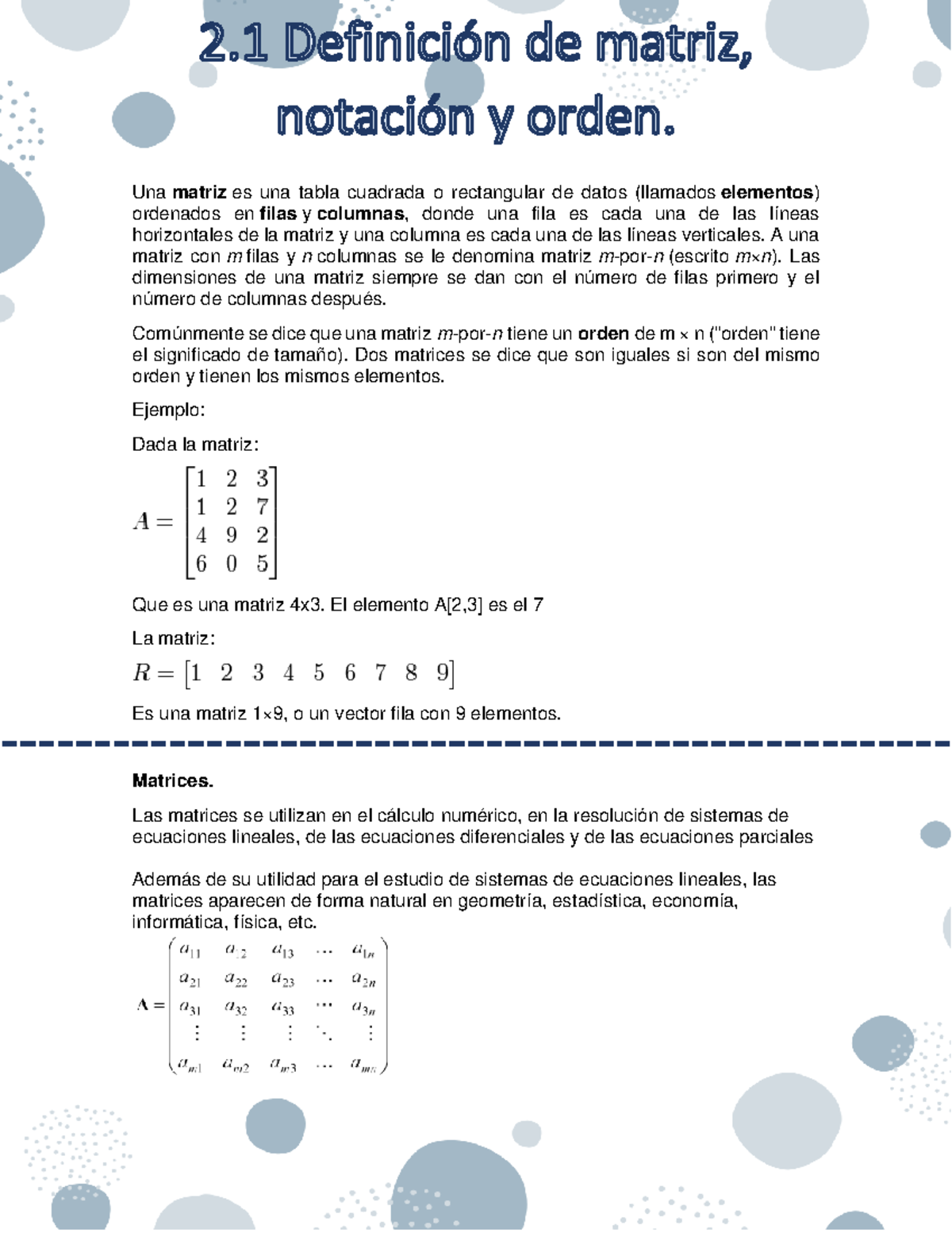 Definición, Notación y Orden de Matrices en Álgebra Lineal - Studocu