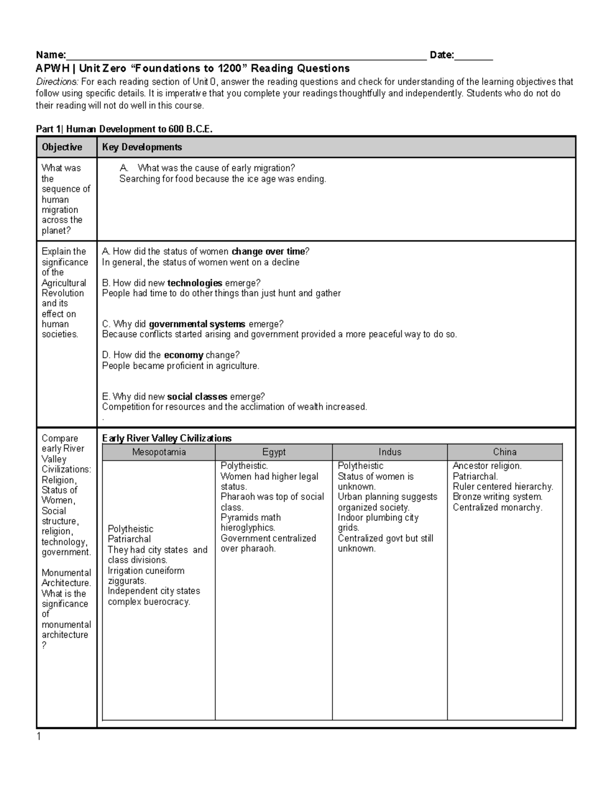 APWH Unit 0 Reading Guide: Key Questions & Concepts - Studocu