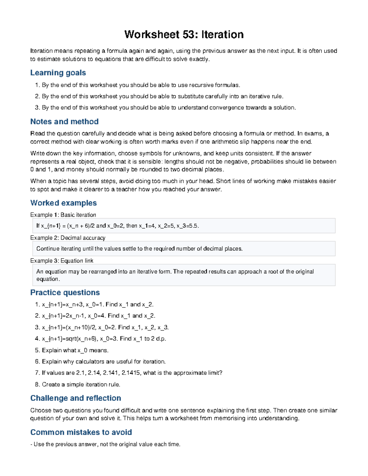 Worksheet 53: Iteration Techniques for Maths Success - Studocu