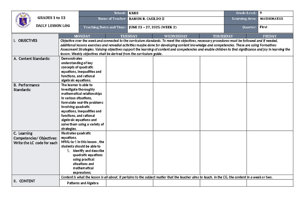 Bongdllwk 2 - Daily Lesson Log for Math 9: Quadratic Equations - Studocu