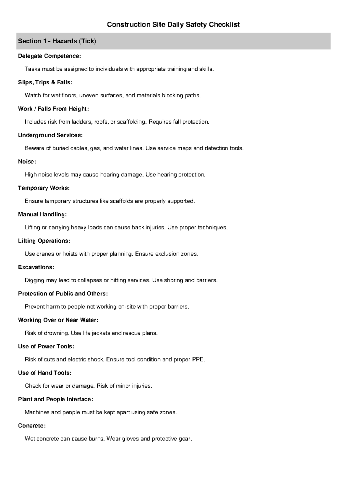 Construction Site Safety Checklist: Daily Hazards & Controls - Studocu