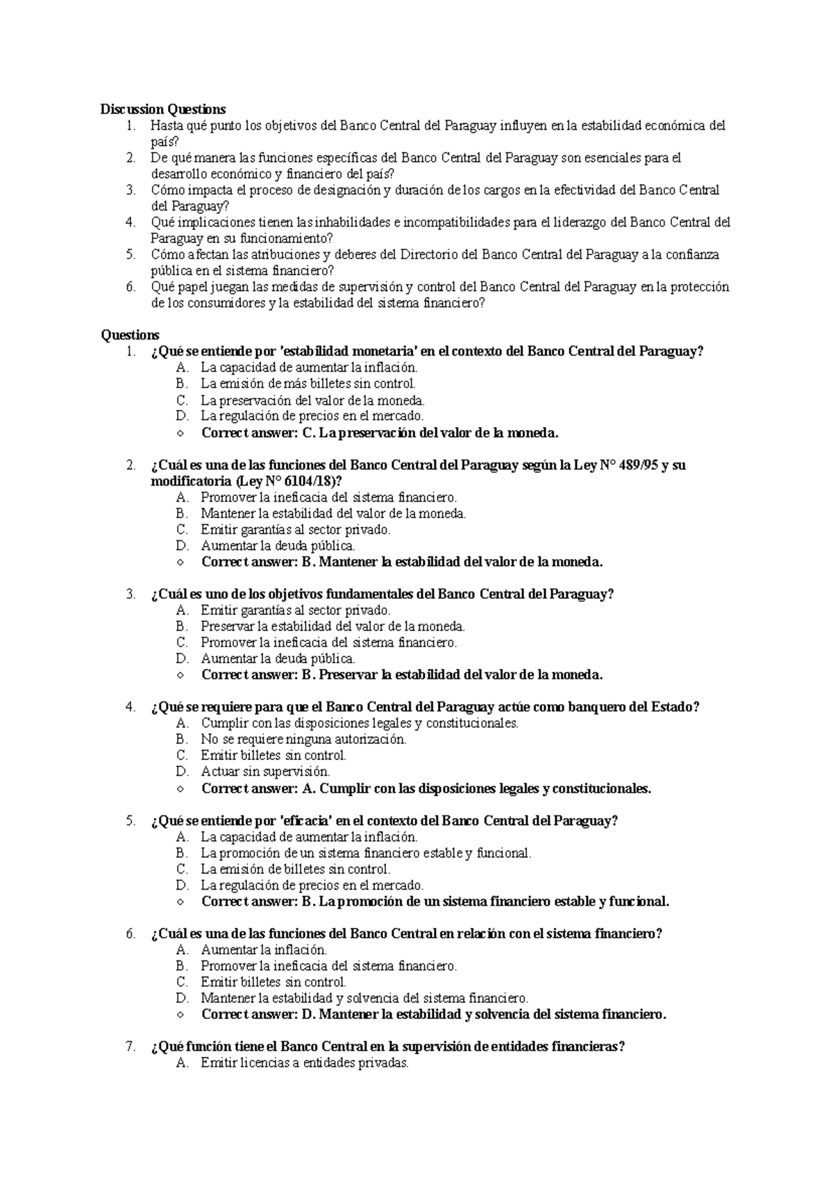 Preguntas de Discusión sobre el Banco Central del Paraguay - Ley N° 489 ...