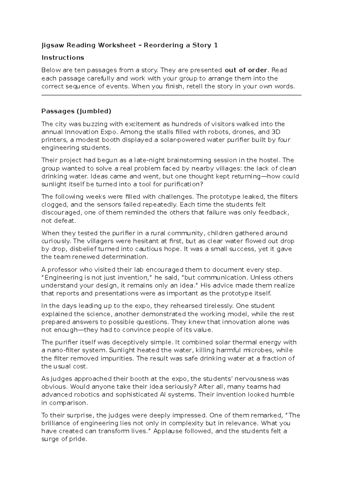 Jigsaw Reading - 1: Story Reordering Practice Worksheet - Studocu