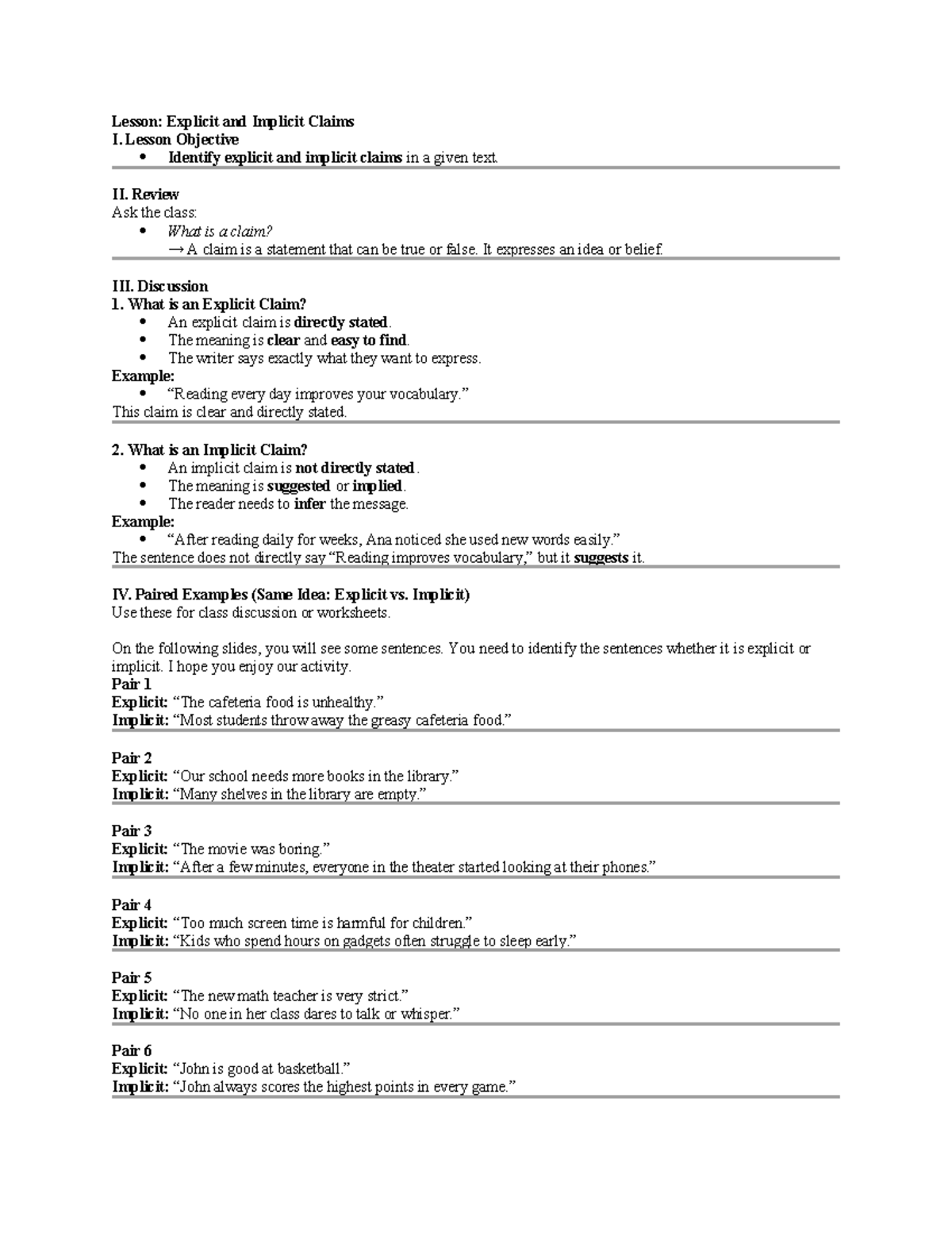 Lesson: Explicit and Implicit Claims - Examples and Activities - Studocu