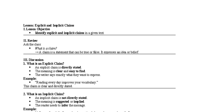 Lesson: Explicit and Implicit Claims - Examples and Activities - Studocu