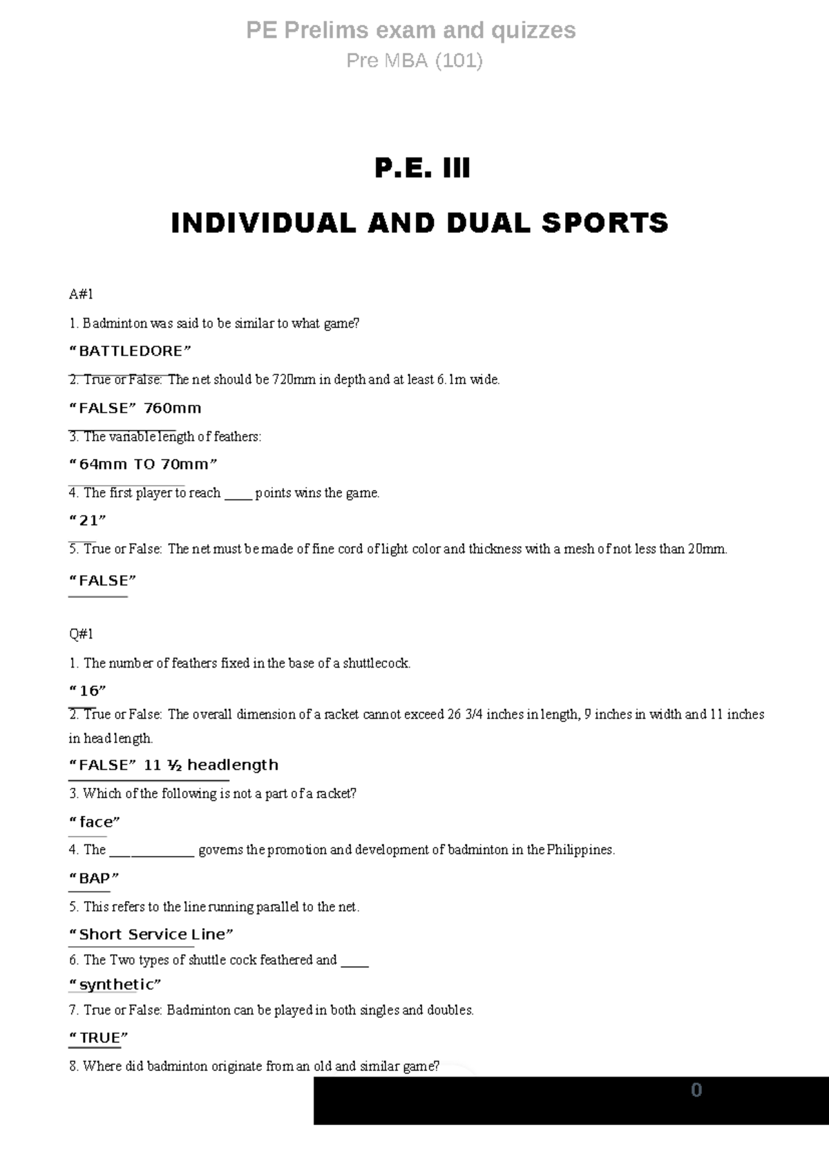 PE (Pre MBA 101) Prelims Exam & Quizzes Study Guide 2025 - Studocu