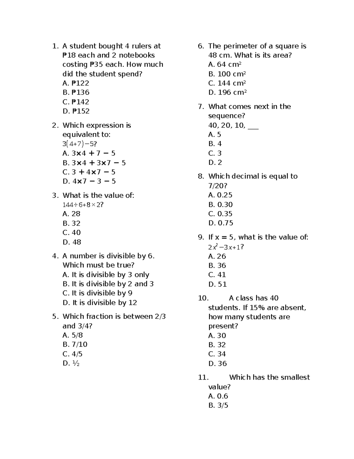 Practice Test 3 - Math Concepts Review for Students - Studocu