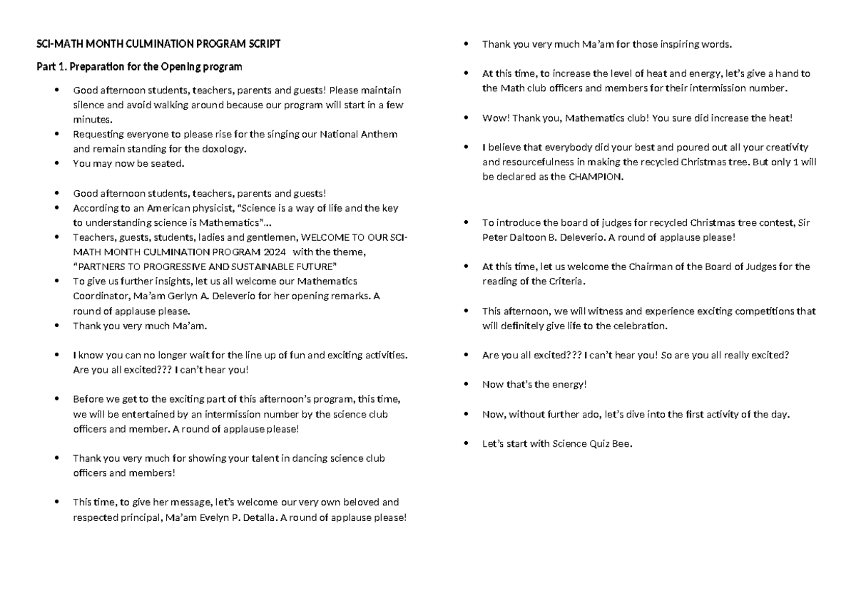 SCI-MATH 2024 Culmination Program Emcee Script for Seamless Flow - Studocu