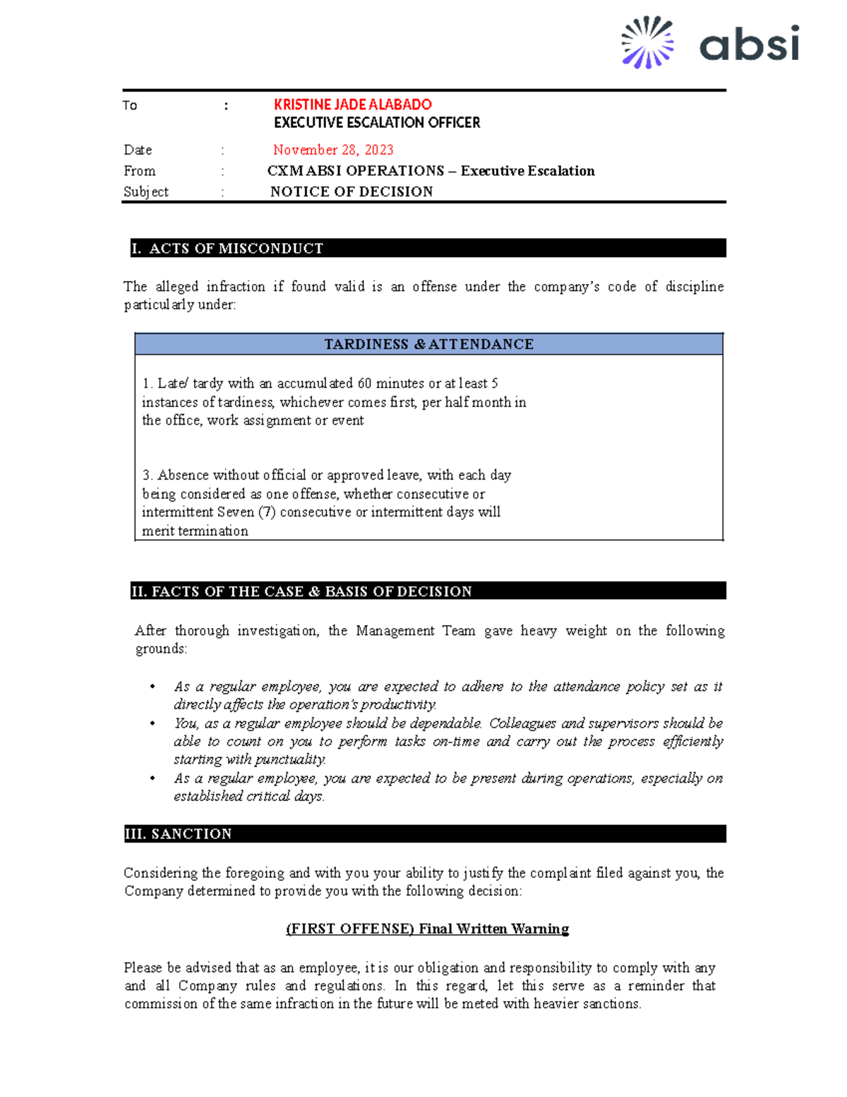 Notice of Decision on Tardiness & Attendance Violation - Studocu