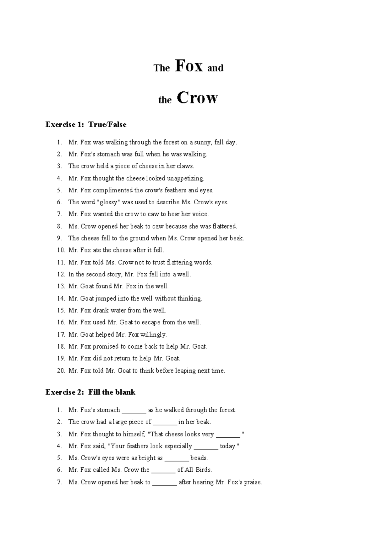 Bài Tập Về Chuyện Cổ Tích: The Fox and the Crow - Studocu