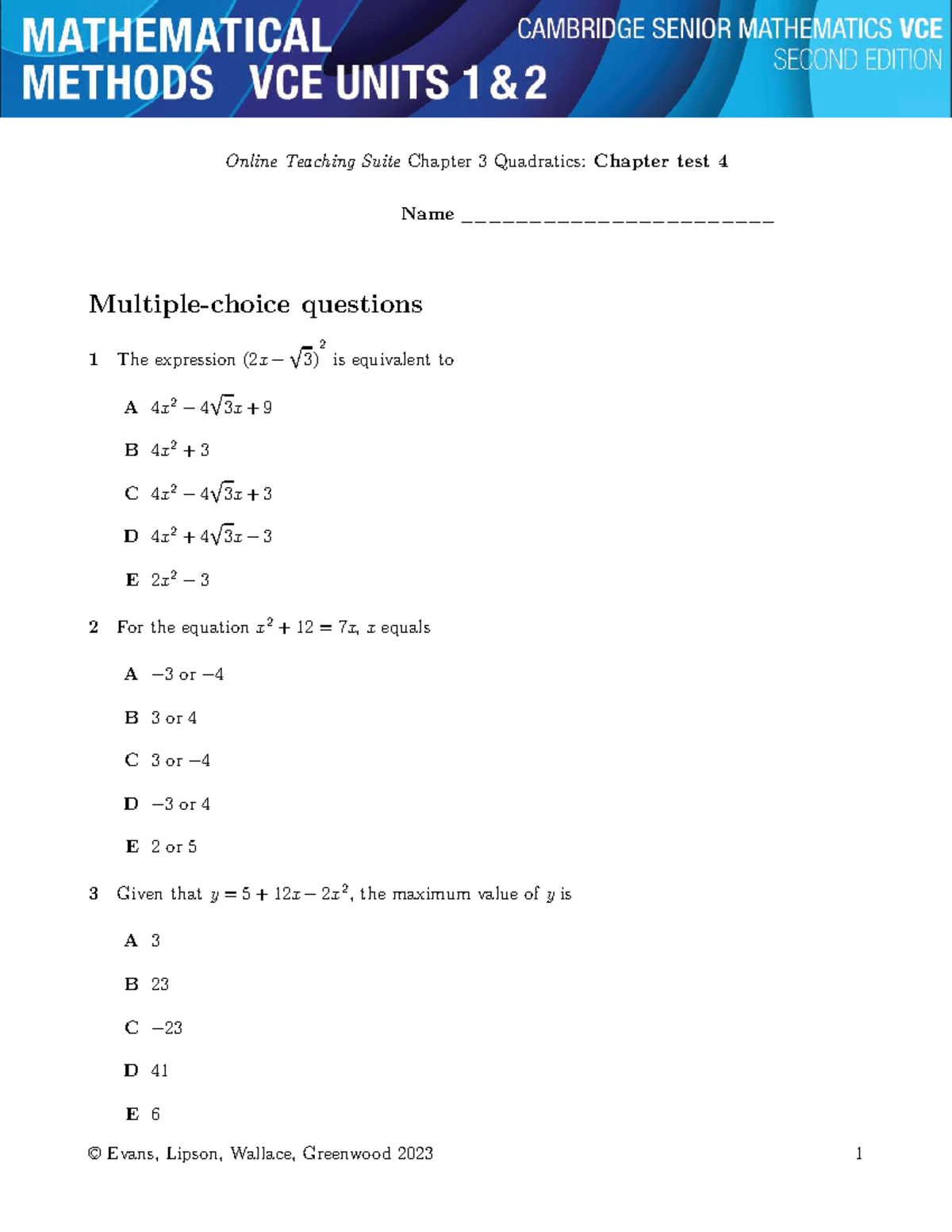 Chapter 3 Test 4: Quadratics and Functions Analysis - Studocu