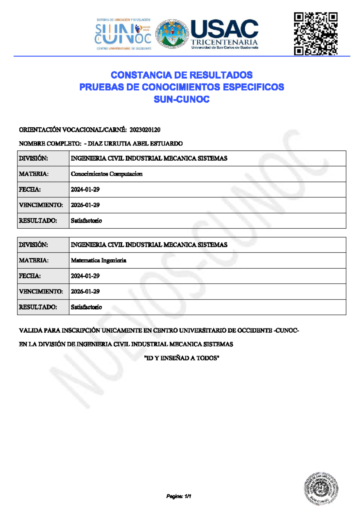 Constancia de Resultados de Conocimientos Específicos SUN-CUNOC - Studocu