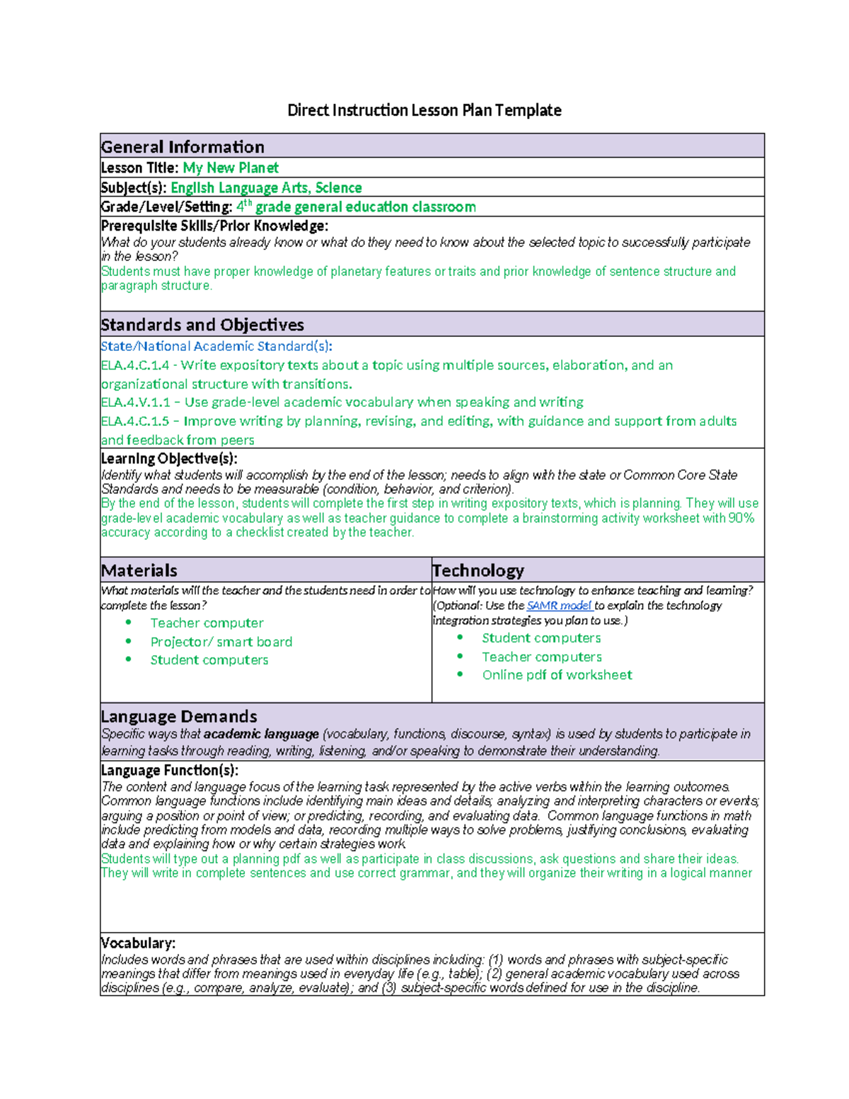 LA LP Task 1 Attempt 1 - worksheet - Direct Instruction Lesson Plan ...