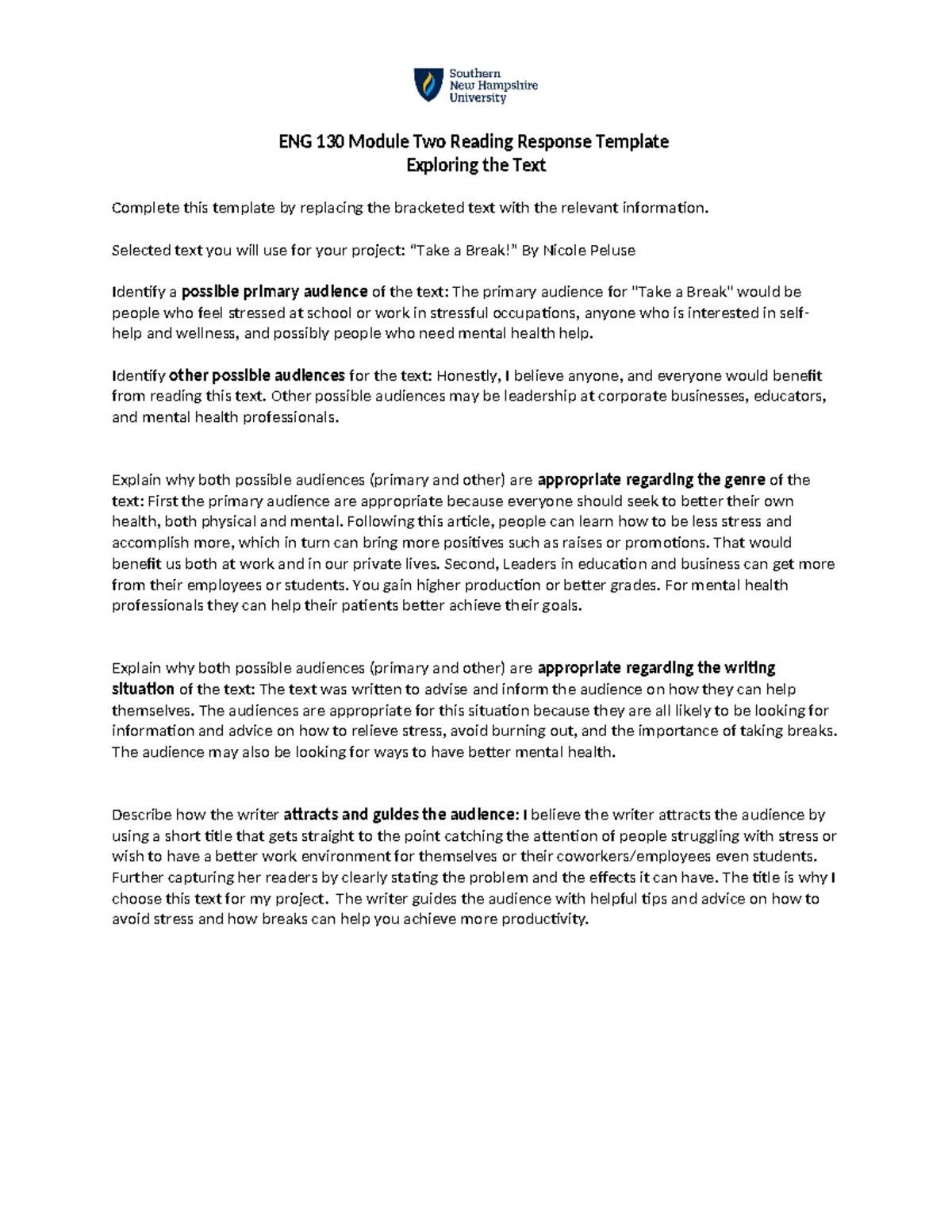 ENG 130 Module 2 Reading Response: Analyzing "Take a Break!" - Studocu