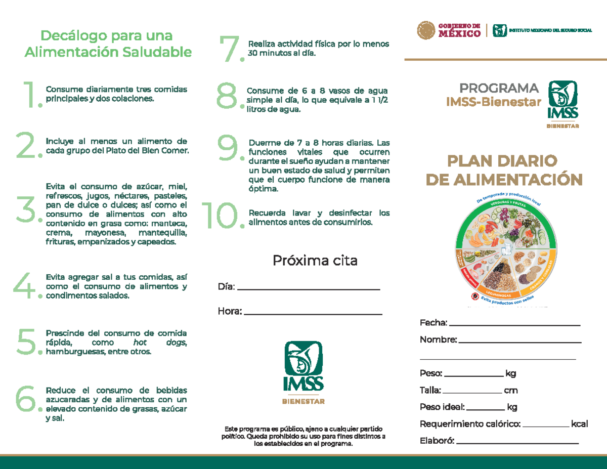 PLAN DIARIO DE ALIMENTACIÓN SALUDABLE IMSS BIENESTAR - Studocu