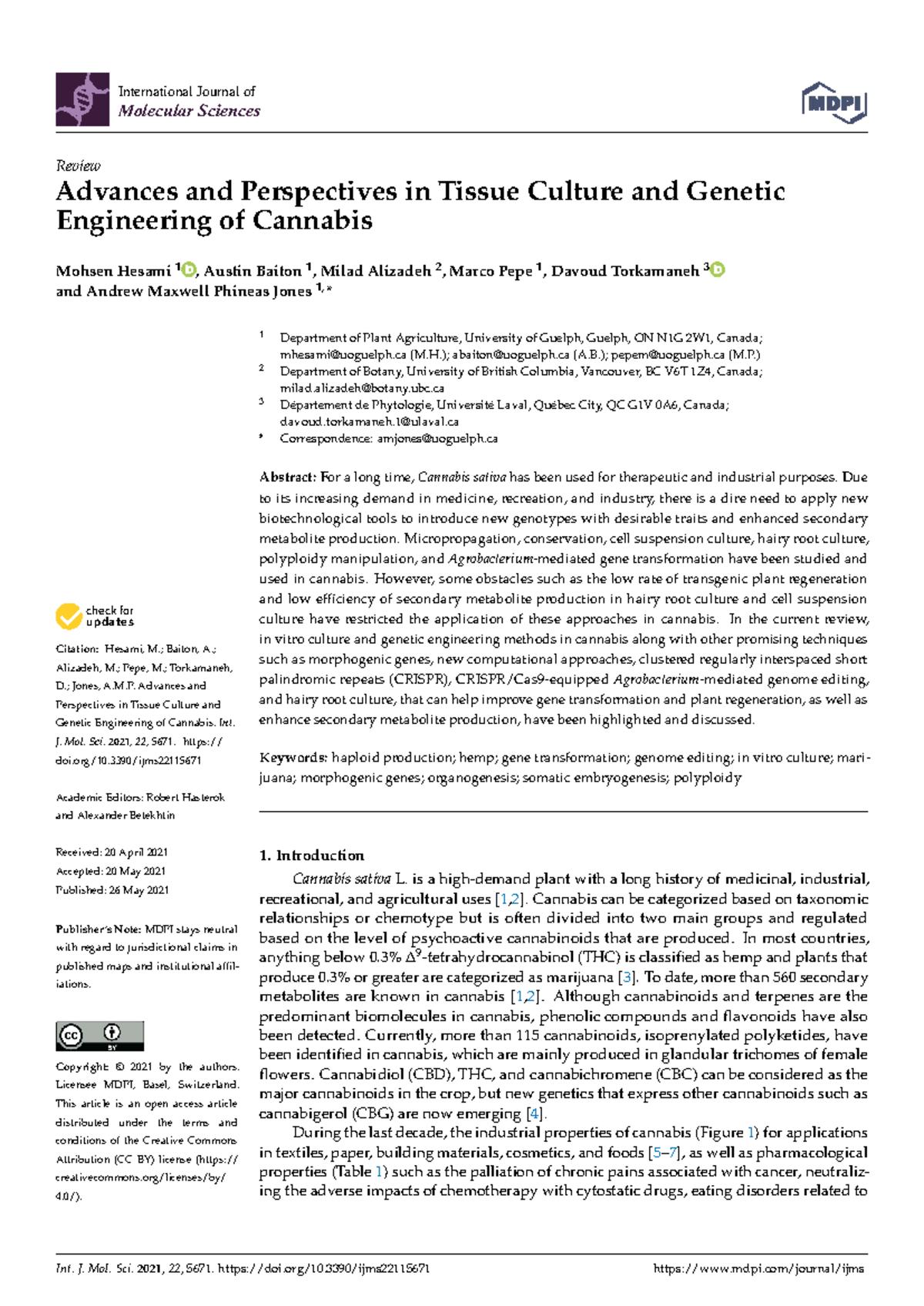 Advances in Cannabis Tissue Culture & Genetic Engineering (PLNT 2021 ...