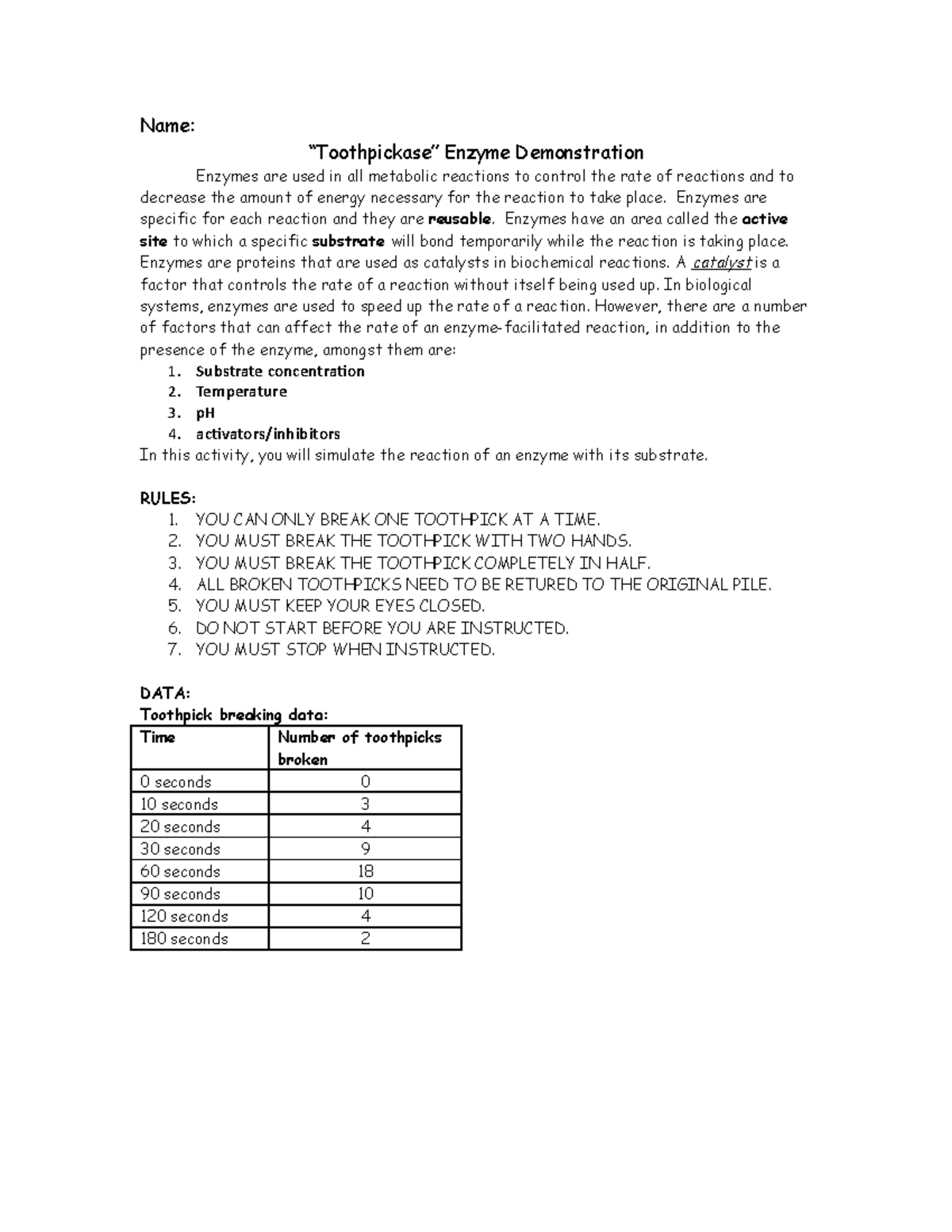 Toothpickase Enzyme Demonstration Activity - AP Version - Studocu