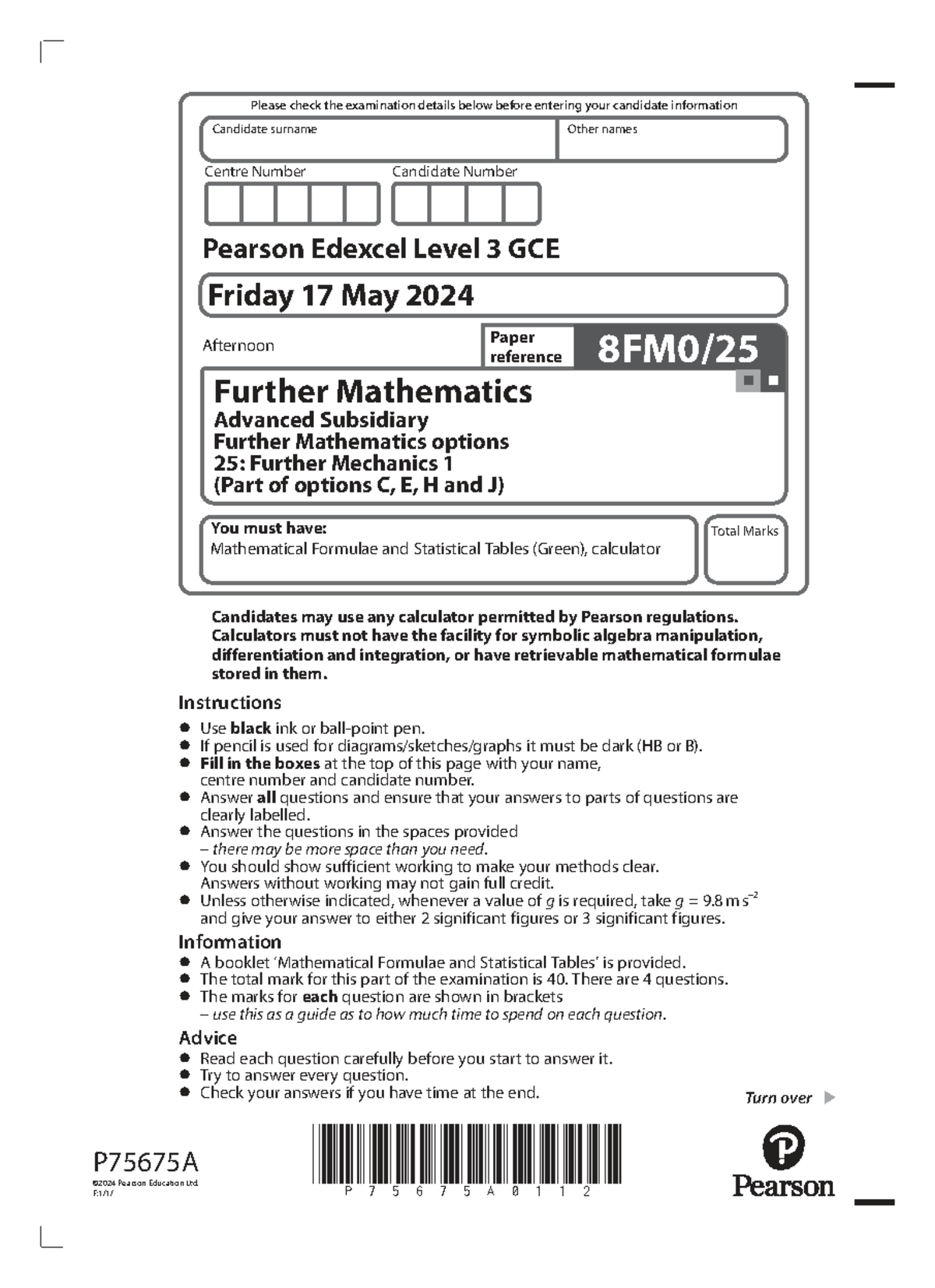Further Mathematics AS Exam Paper 8FM0 - Mechanics 1 (May 2024) - Studocu