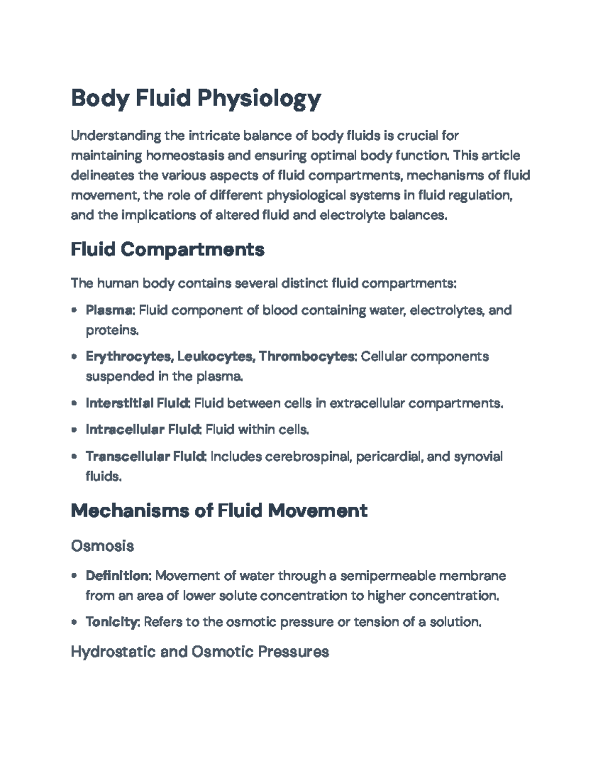 Body Fluid Physiology: Mechanisms, Regulation, and Imbalances - Body ...
