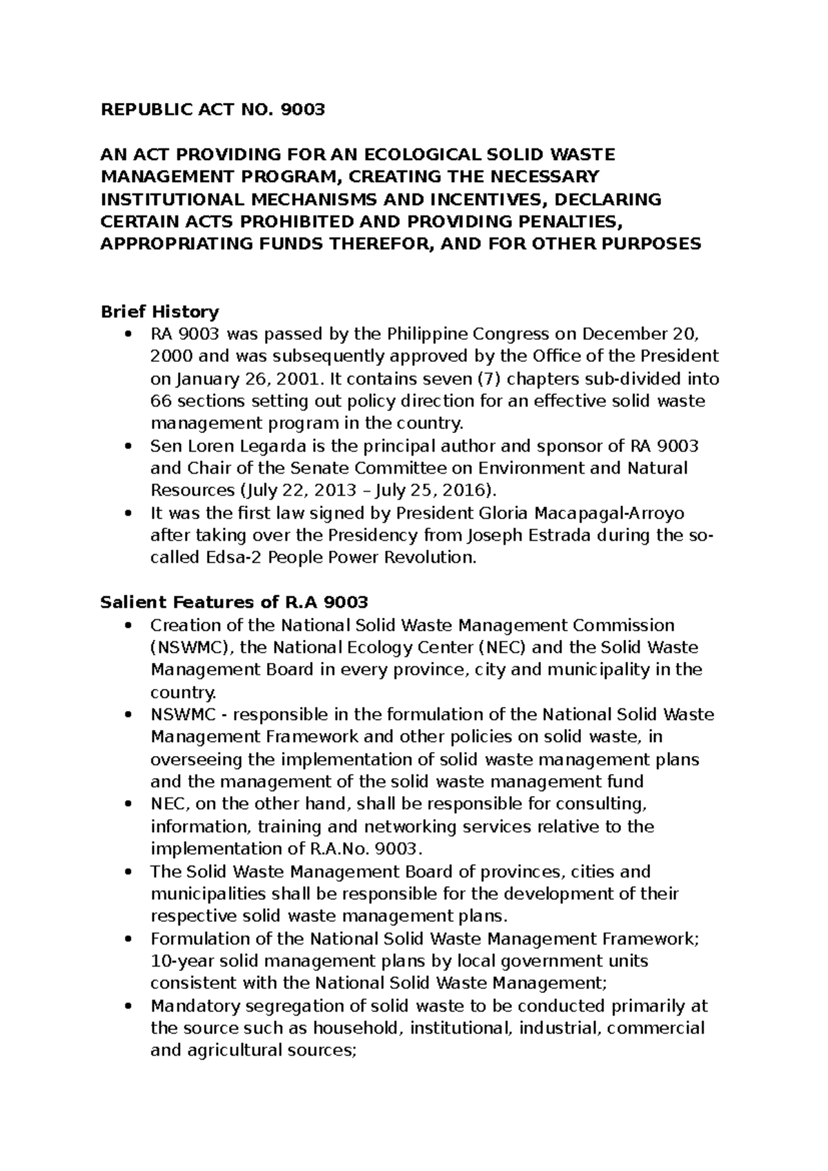 Republic Act 9003: Overview of the Ecological Solid Waste Management ...