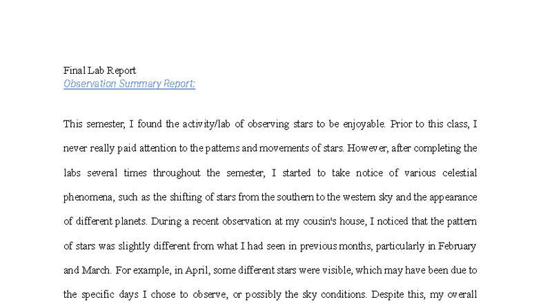 Final Lab Observation Summary Report - Astronomy Practical - Studocu