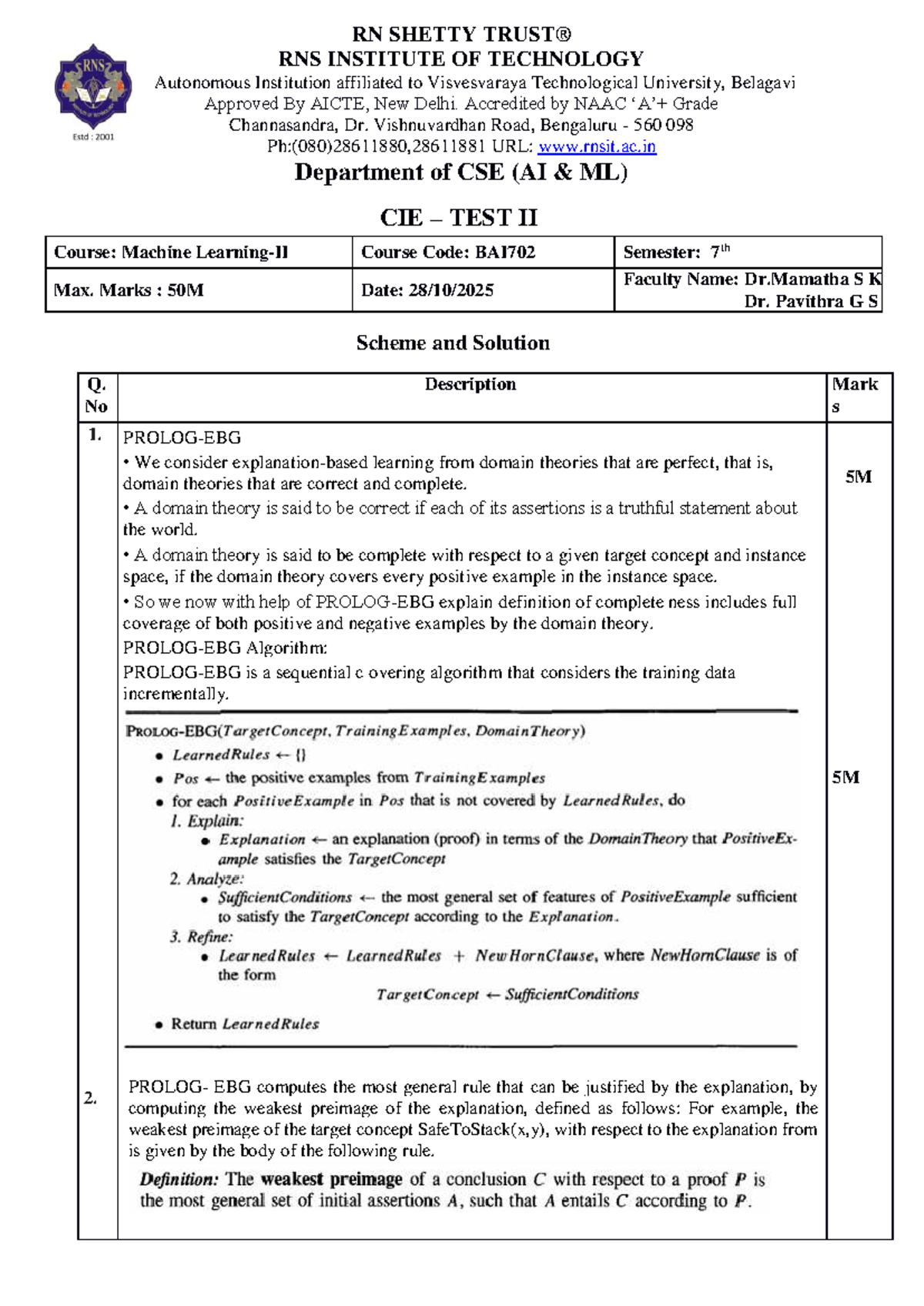 ML BAI702 CIE TEST II: Scheme & Solutions for AI & ML - Studocu