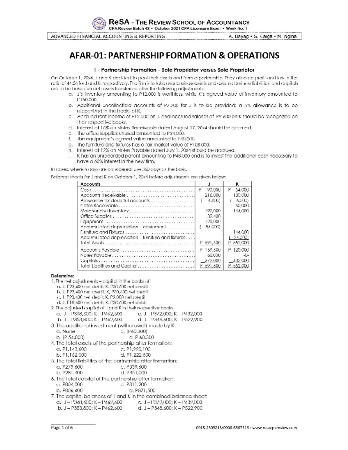 ReSA CPA Review Batch 42: Week 1 - Partnership Formation & Operations ...