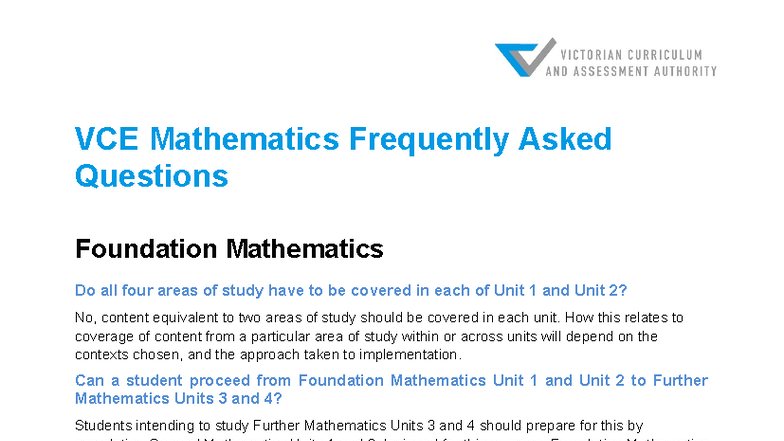VCE Mathematics FAQs: Foundation, General, and Specialist Units - Studocu