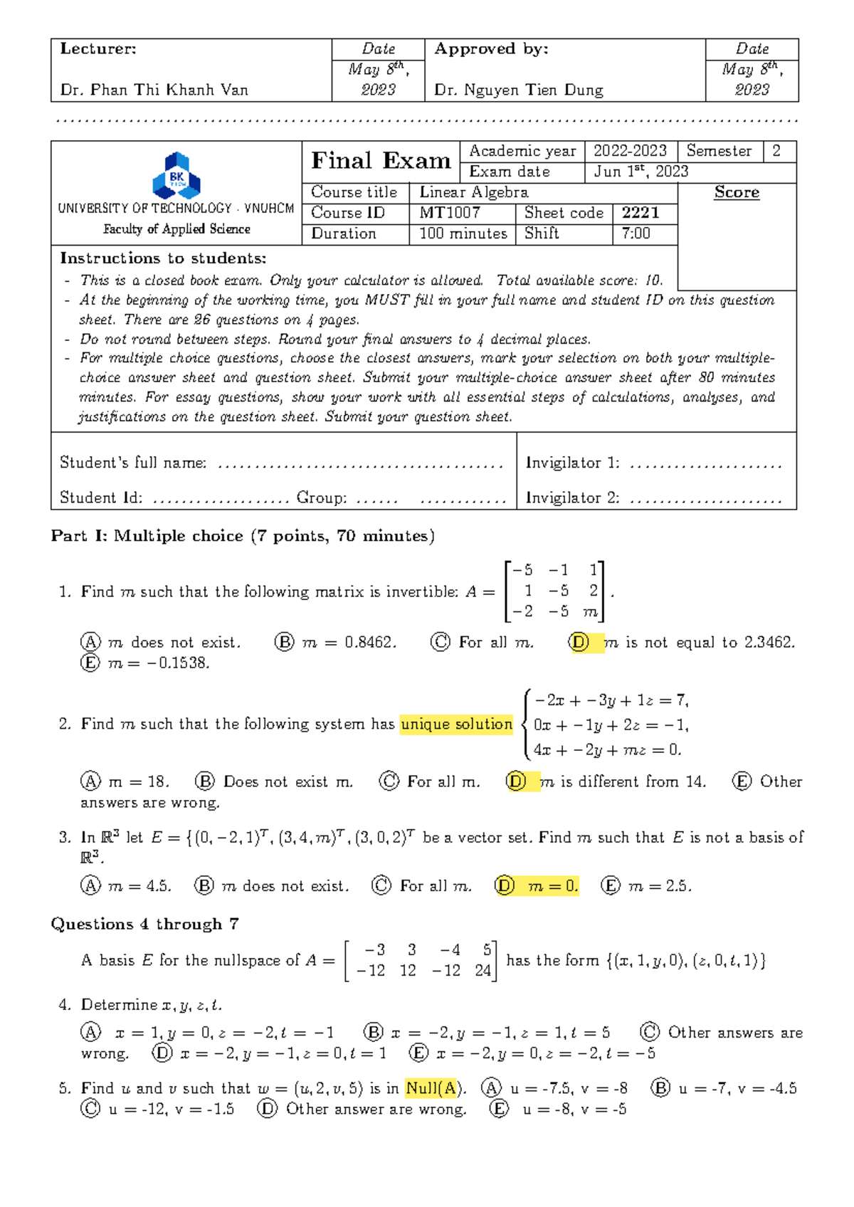 Final Exam MT1007: Linear Algebra - Semester 2, 2023 - Studocu