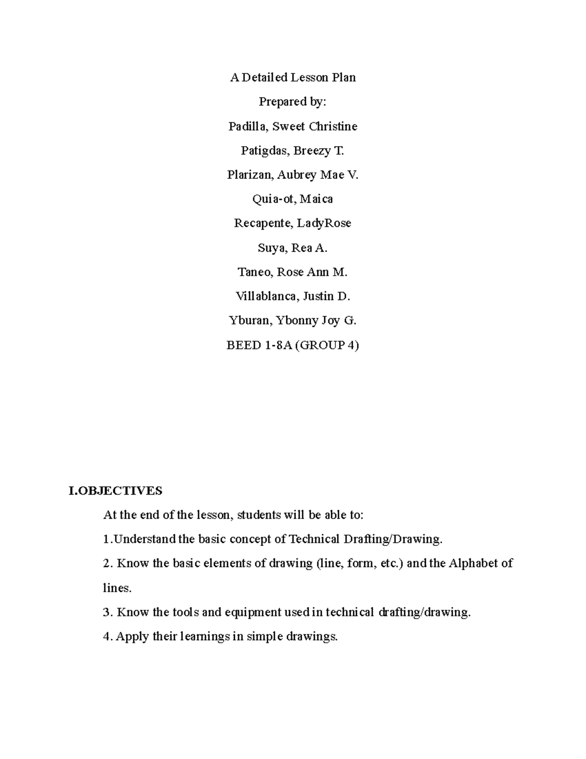BEED 1-8A Lesson Plan: Introduction to Technical Drafting by Group 4 ...