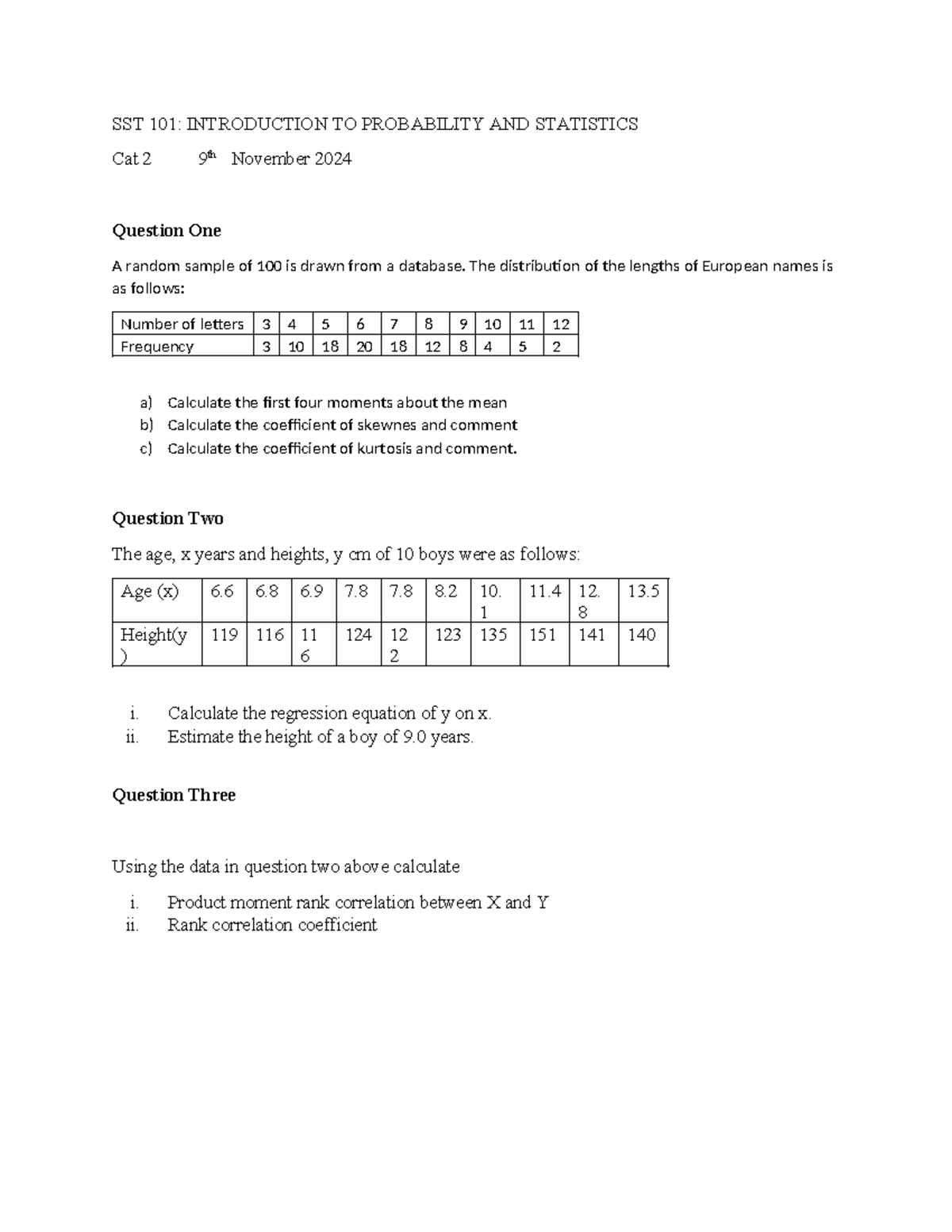SST 101: Cat 2 2024 Practice Questions on Probability & Statistics - Studocu
