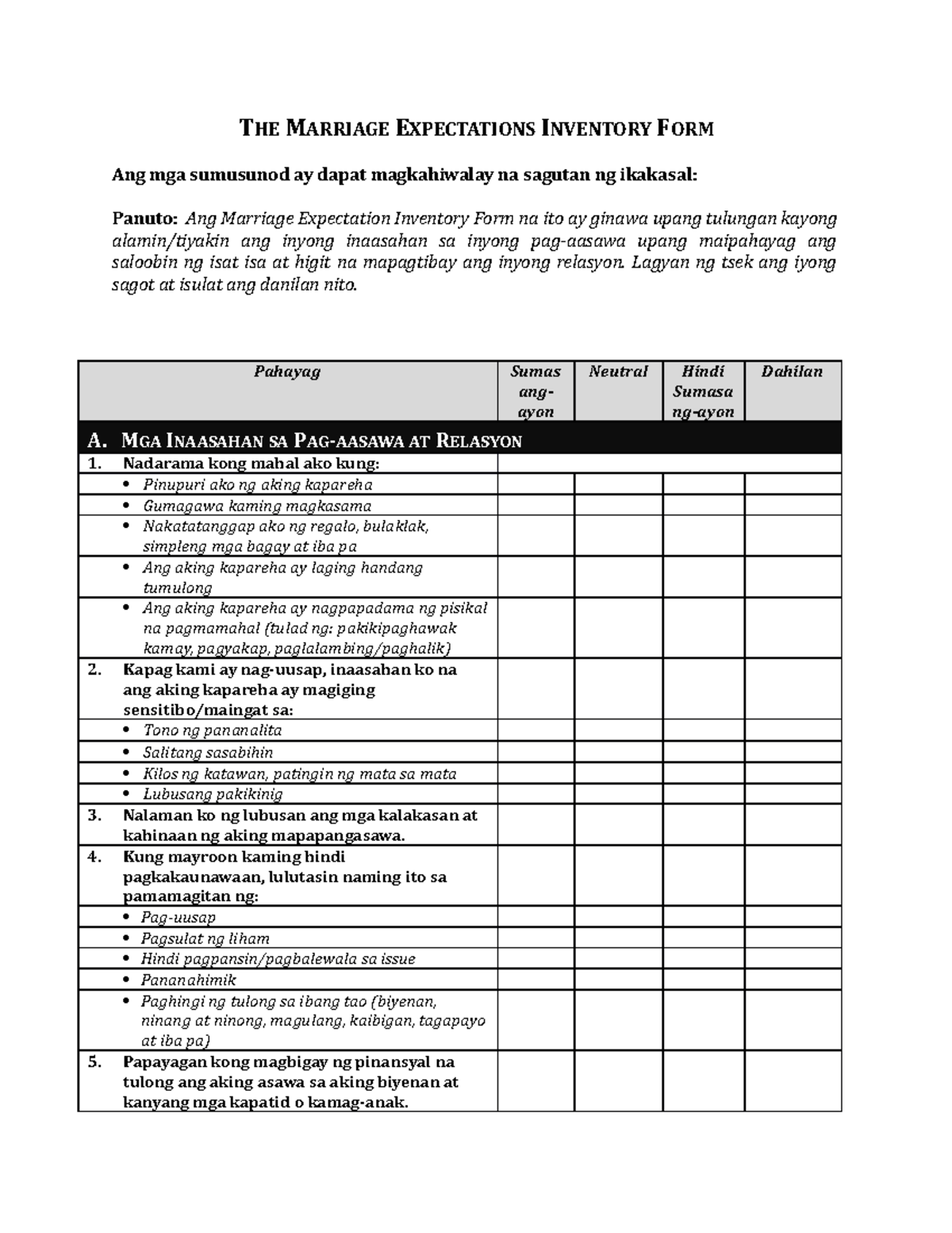 Marriage Expectations Inventory Form (MEIF) for Couples - Studocu