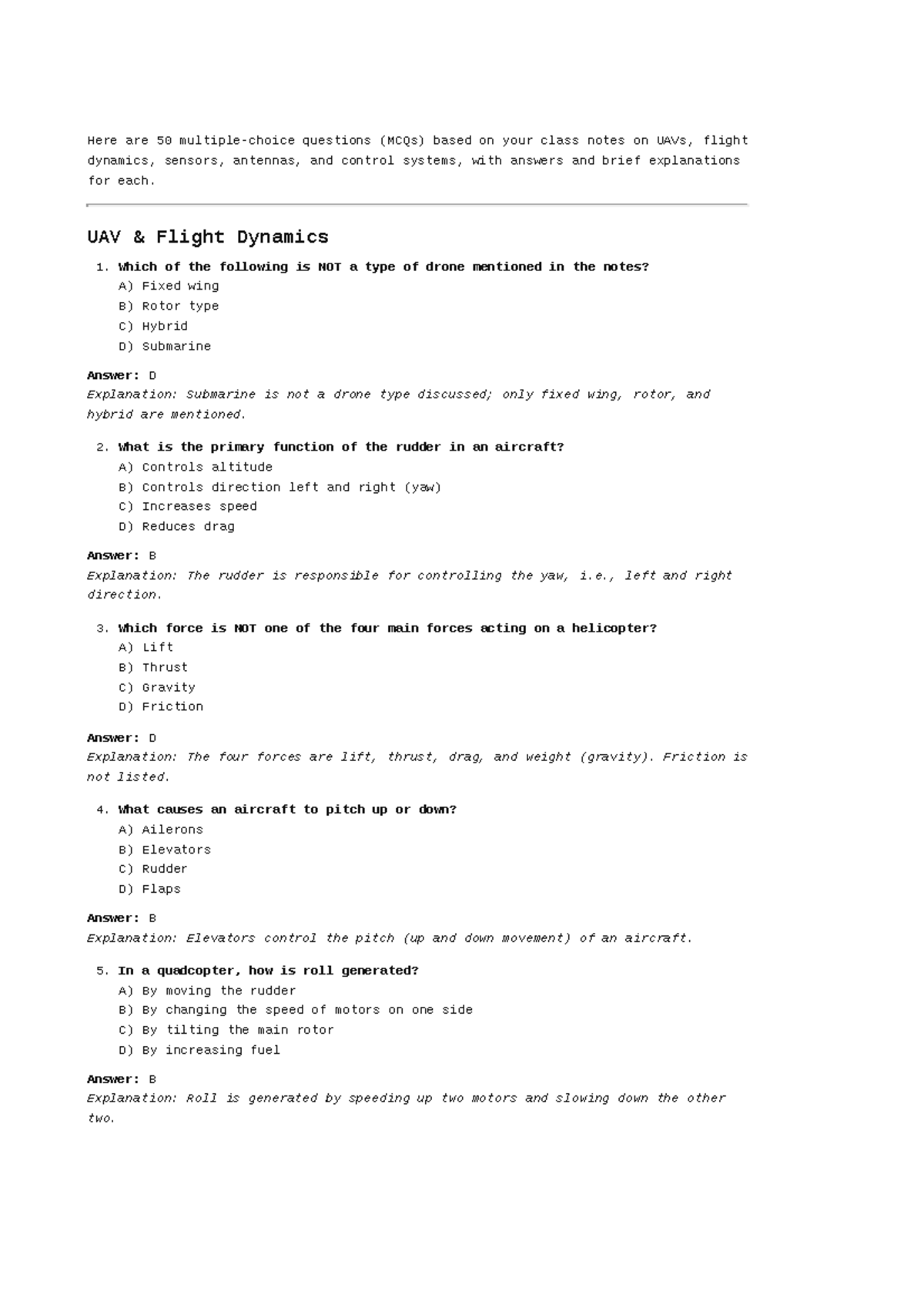 UAV Flight Dynamics & Control Systems: Set-1 50 MCQs with Answers - Studocu