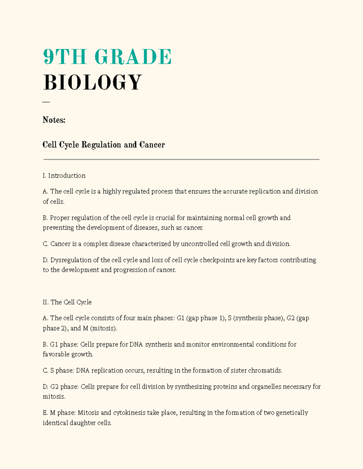 9TH GRADE BIOLOGY: Cell Cycle Regulation & Cancer Overview - Studocu