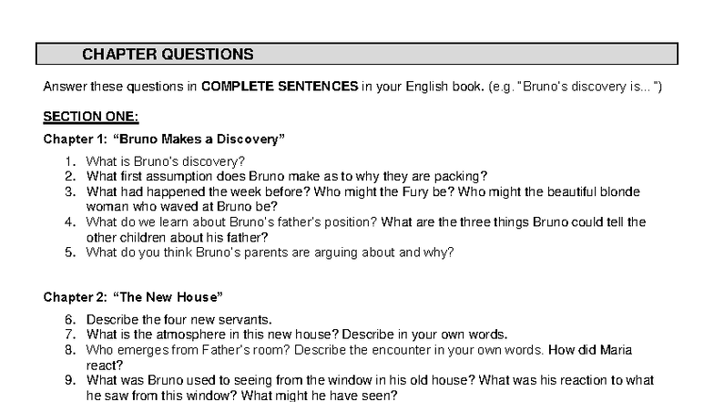 Chapter Questions for The Boy in the Striped Pyjamas (ENG 101 ...