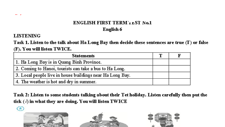 ENGLISH FIRST TERM TEST No.1 - English 6 Listening and Language Focus ...