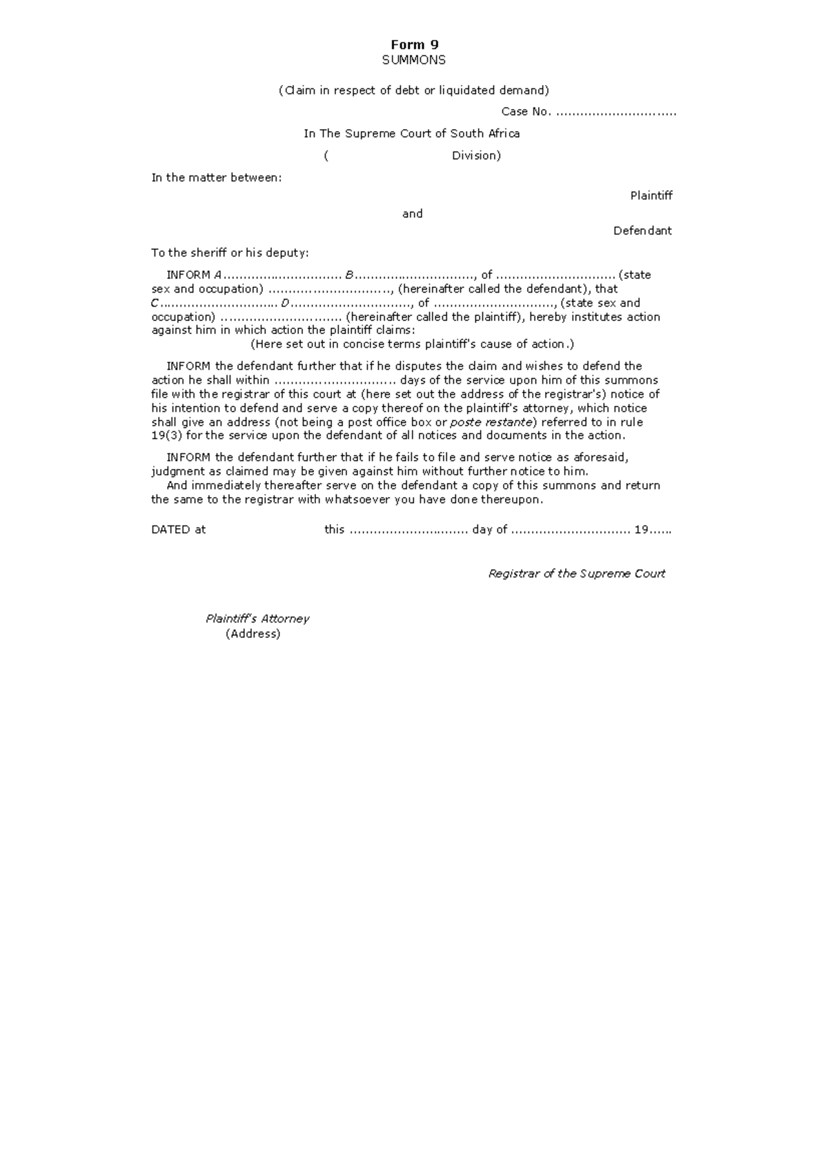 Form 9 Simple Summons High Court (Debt or liquidated demand) - Form 9 SUMMONS (Claim in respect ...