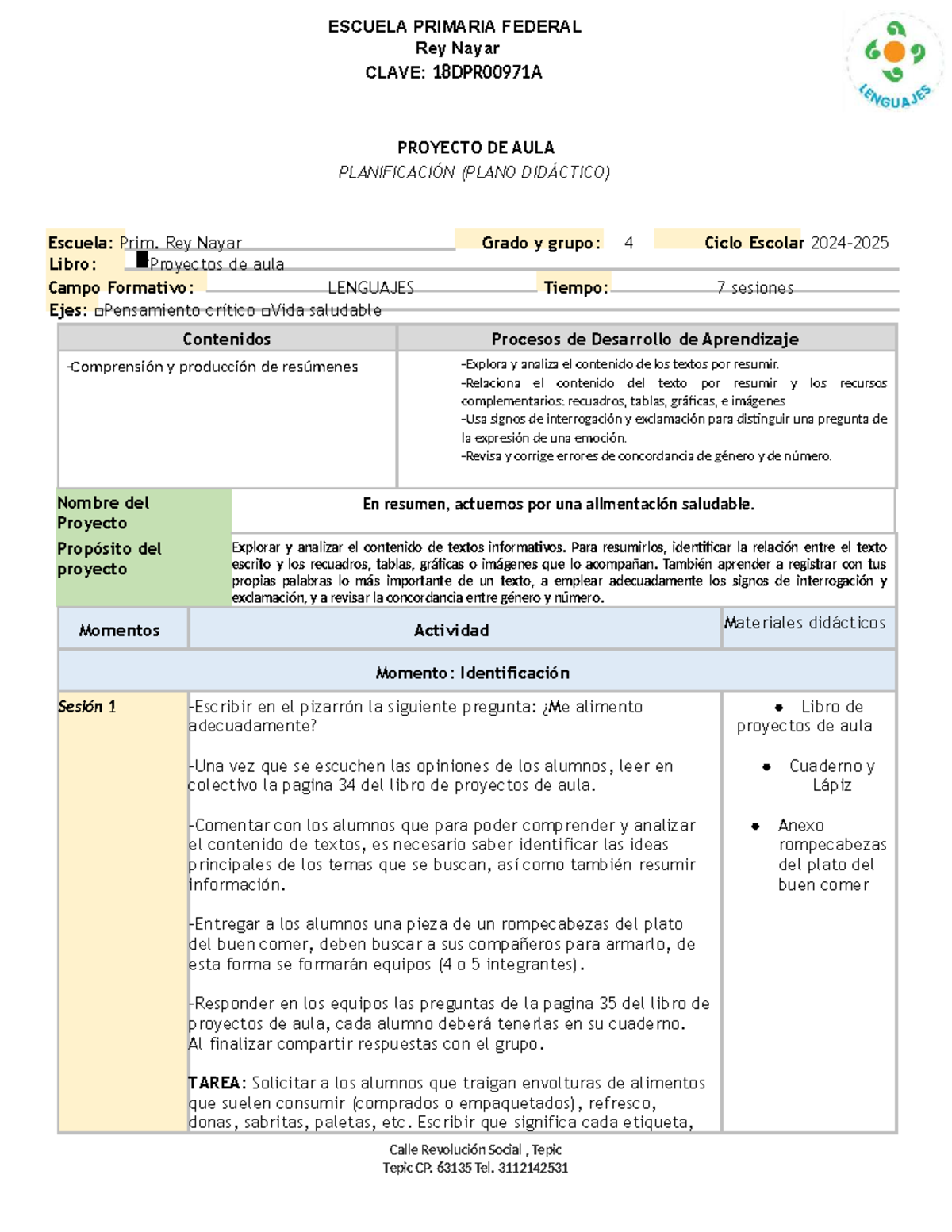 Planificación de Proyecto sobre Vida Saludable - 4to Grado Prim. Rey ...