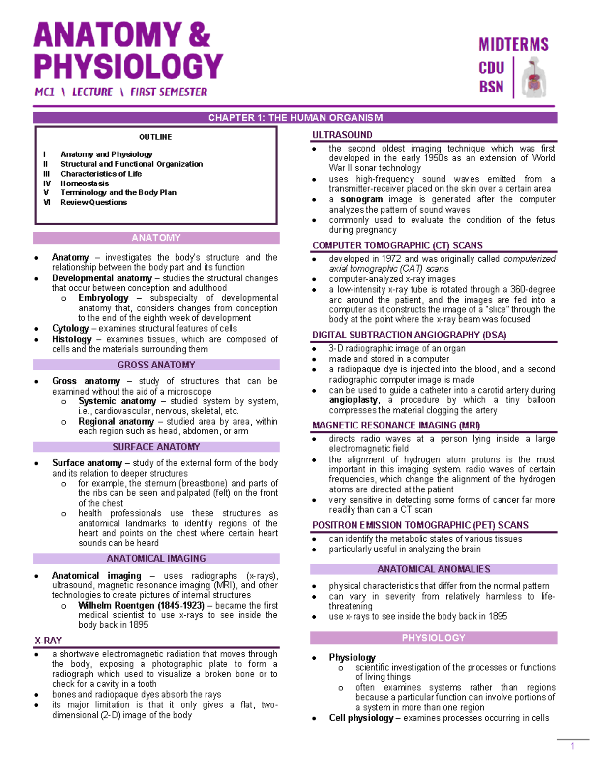 MC1 1M Final Exam Study Guide: Introduction to Anatomy & Physiology ...