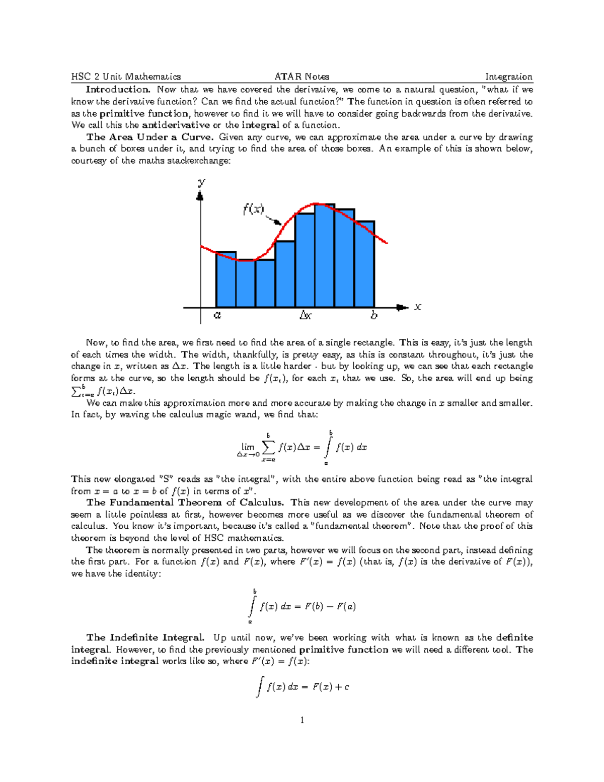HSC 2 Unit Mathematics ATAR Notes: Introduction to Integration - Studocu