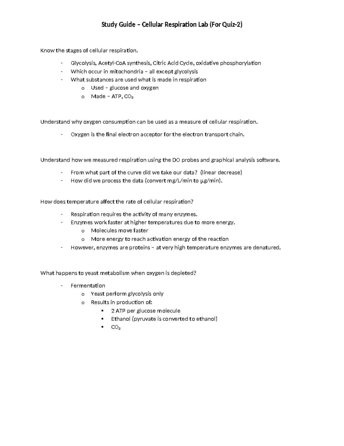 Study Guide: Cellular Respiration Lab Insights for Quiz-2 - Study Guide ...