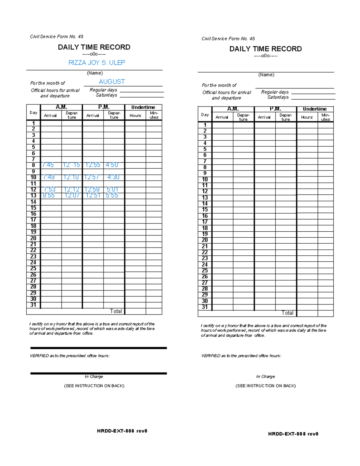 (Daily Time Record) - Reports - Civil Service Form No. 48 DAILY TIME ...