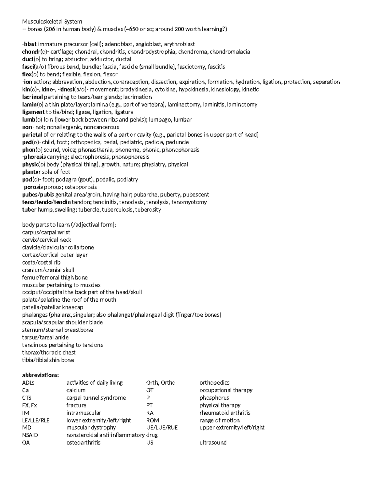 Musculoskeletal System Vocabulary Guide for Orthopedics (206 Terms ...