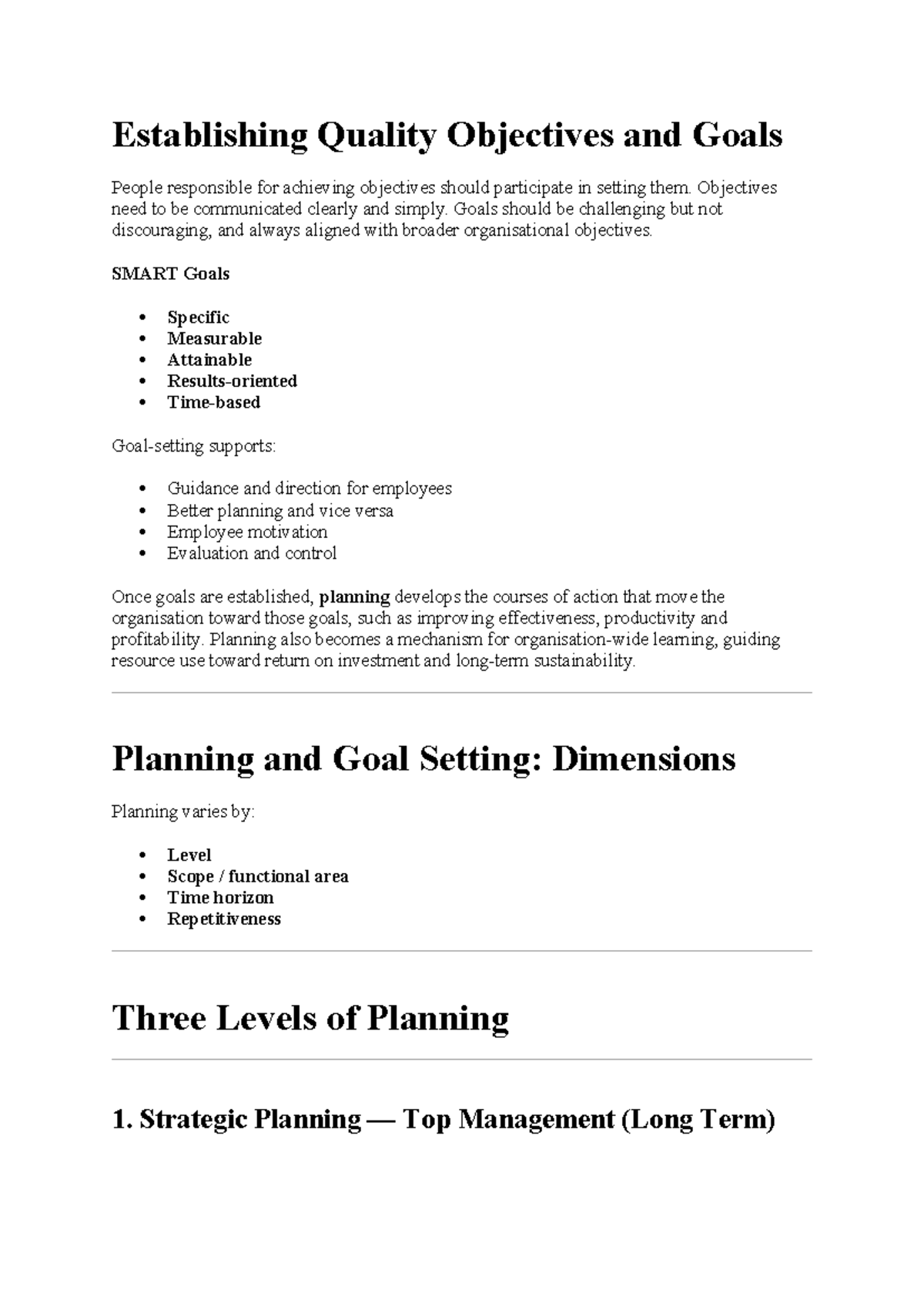 Management Notes: Planning and Goal Setting Strategies - Studocu