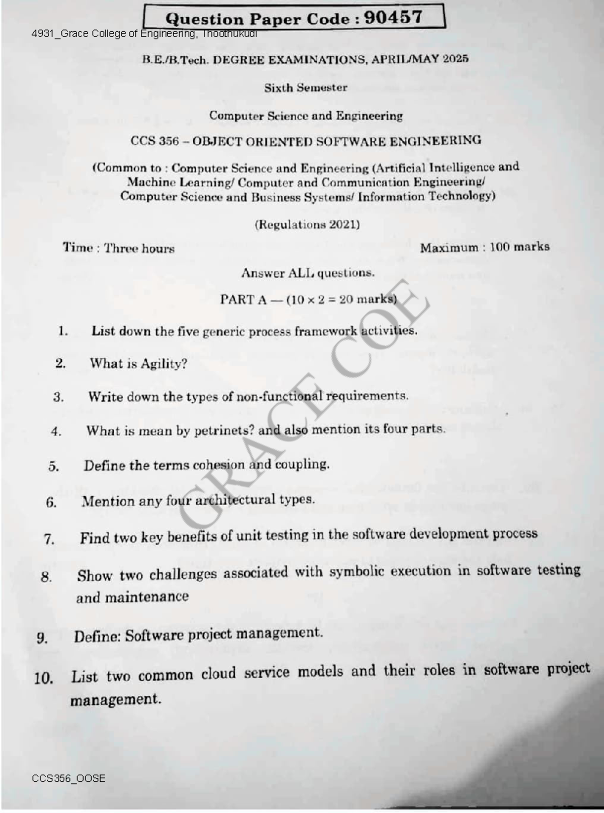 VI CSE CCS356 OOSE Question Paper - April/May 2025 - Studocu