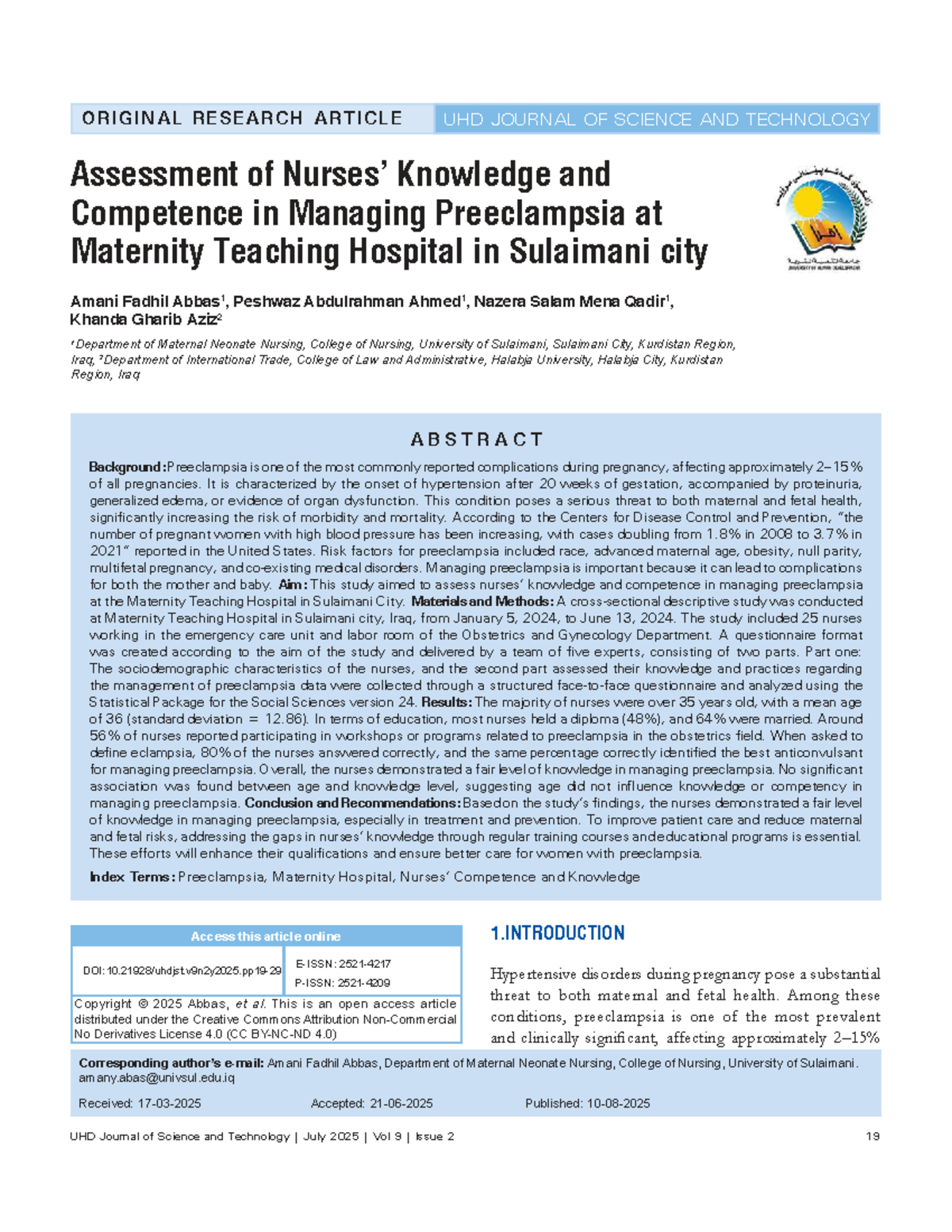 Assessment of Nurses' Knowledge and Competence in Preeclampsia ...